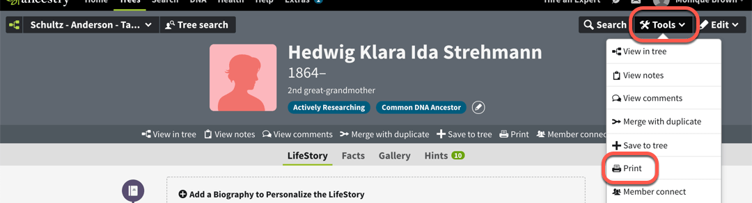 Editing or Printing a LifeStory