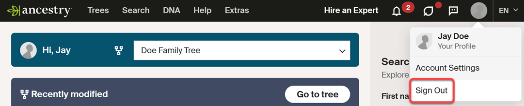 Selecting your name or username and choosing Sign Out